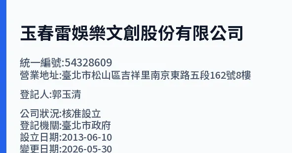 玉春雷娛樂文創股份有限公司的照片-統編 54328609(臺北市) 公司登記資料與營業項目詳細圖表