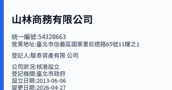 山林商務有限公司的照片-統編 54328663(臺北市) 公司登記資料與營業項目詳細圖表