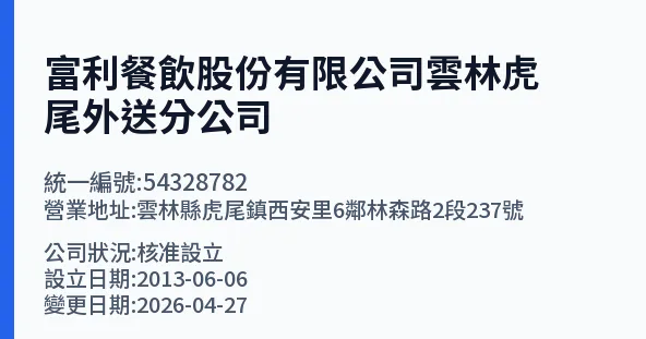 富利餐飲股份有限公司雲林虎尾外送分公司的照片-統編 54328782(雲林縣) 公司登記資料與營業項目詳細圖表