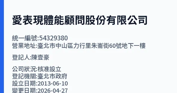 愛表現體能顧問股份有限公司的照片-統編 54329380(臺北市) 公司登記資料與營業項目詳細圖表