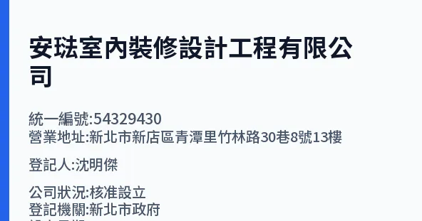 安琺室內裝修設計工程有限公司的照片-統編 54329430(新北市) 公司登記資料與營業項目詳細圖表