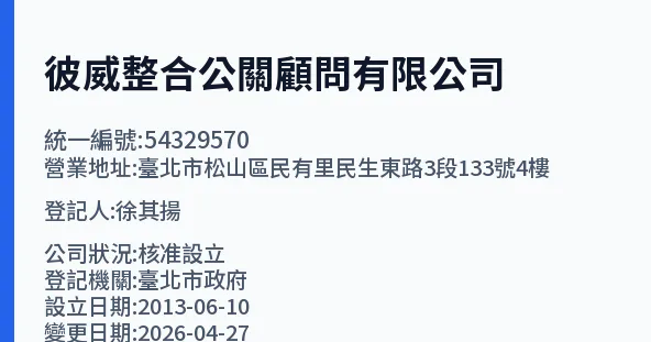 彼威整合公關顧問有限公司的照片-統編 54329570(臺北市) 公司登記資料與營業項目詳細圖表
