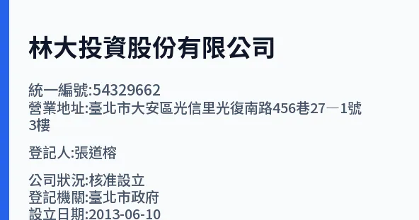 林大投資股份有限公司的照片-統編 54329662(臺北市) 公司登記資料與營業項目詳細圖表