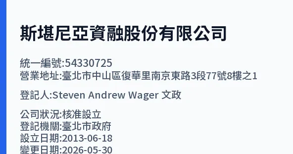 斯堪尼亞資融股份有限公司的照片-統編 54330725(臺北市) 公司登記資料與營業項目詳細圖表