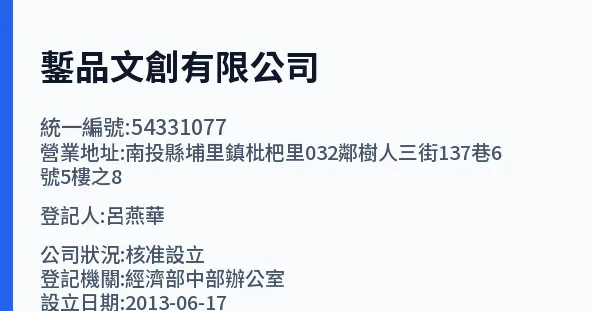 鏨品文創有限公司的照片-統編 54331077(南投縣) 公司登記資料與營業項目詳細圖表