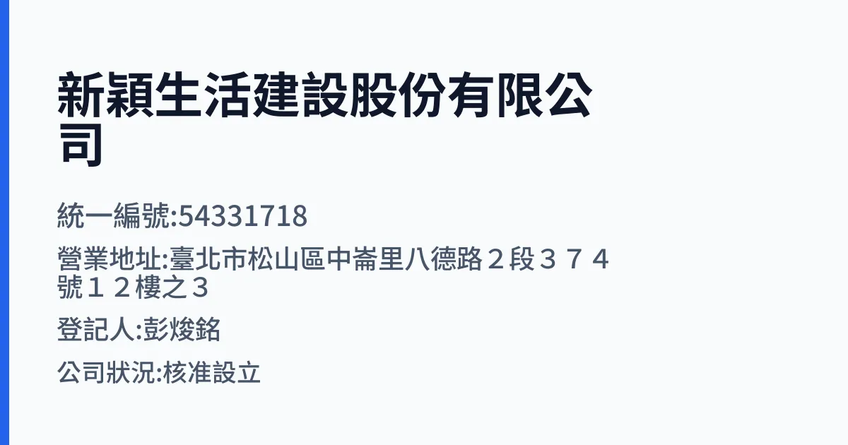 新穎生活建設股份有限公司 - 統編 54331718(臺北市) 公司登記資料與營業項目詳細圖表