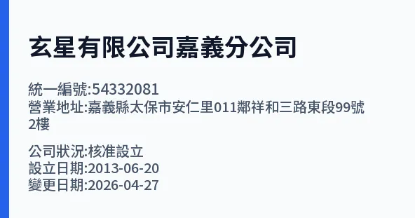 玄星有限公司嘉義分公司的照片-統編 54332081(嘉義縣) 公司登記資料與營業項目詳細圖表