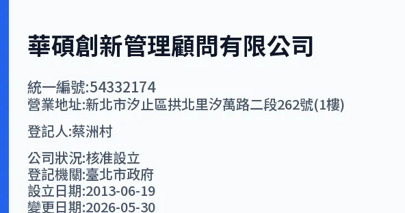 華碩創新管理顧問有限公司的照片-統編 54332174(新北市) 公司登記資料與營業項目詳細圖表