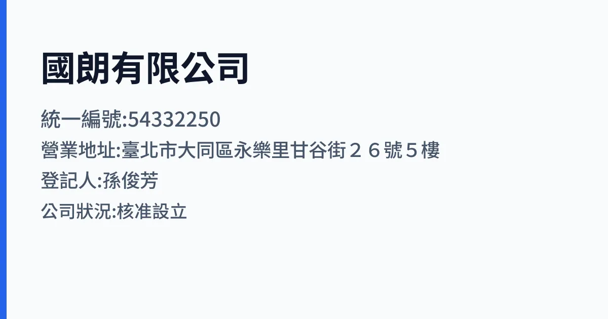 國朗有限公司 - 統編 54332250(臺北市) 公司登記資料與營業項目詳細圖表