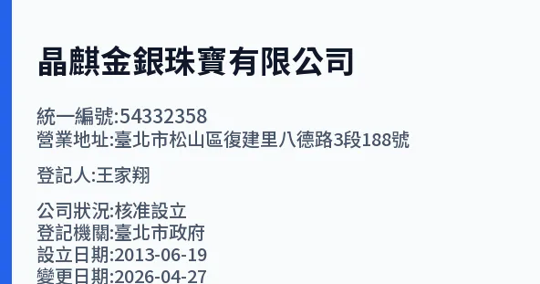 晶麒金銀珠寶有限公司的照片-統編 54332358(臺北市) 公司登記資料與營業項目詳細圖表