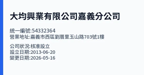 大均興業有限公司嘉義分公司的照片-統編 54332364(嘉義市) 公司登記資料與營業項目詳細圖表