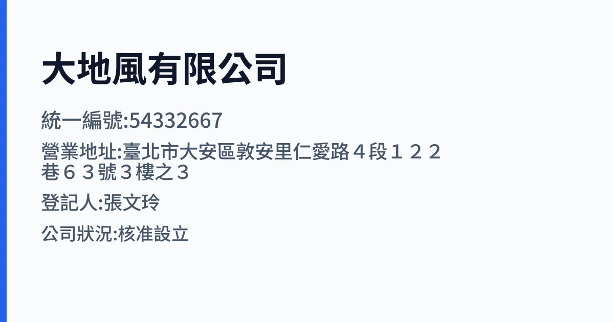 大地風有限公司 - 統編 54332667(臺北市) 公司登記資料與營業項目詳細圖表