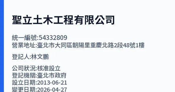 聖立土木工程有限公司的照片-統編 54332809(臺北市) 公司登記資料與營業項目詳細圖表