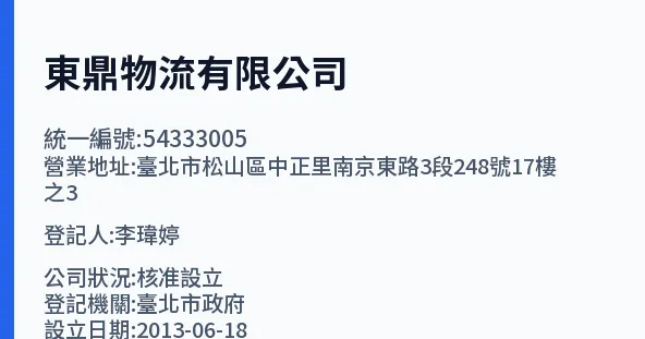 東鼎物流有限公司的照片-統編 54333005(臺北市) 公司登記資料與營業項目詳細圖表