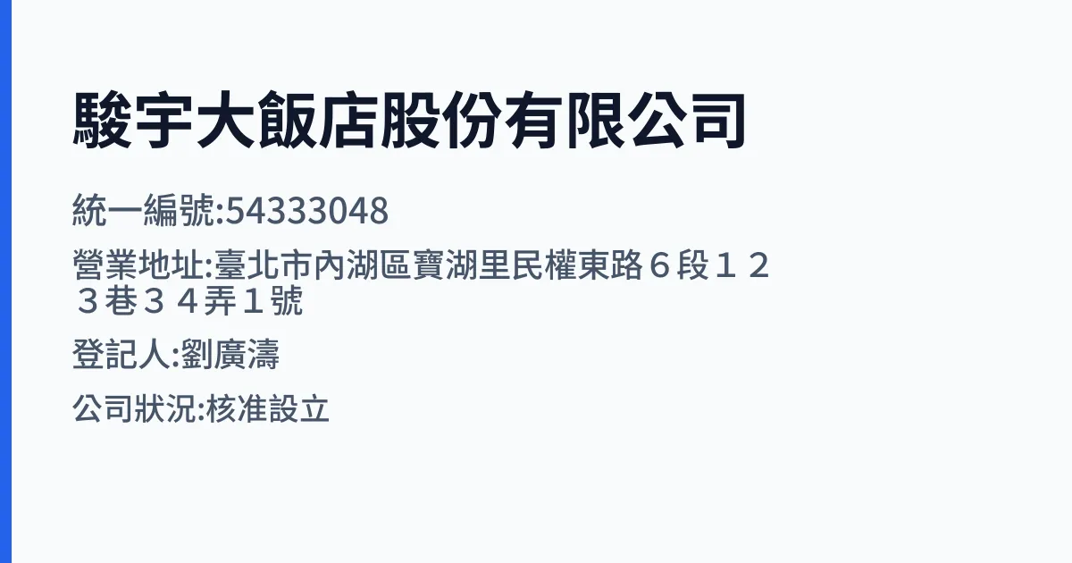 駿宇大飯店股份有限公司 - 統編 54333048(臺北市) 公司登記資料與營業項目詳細圖表