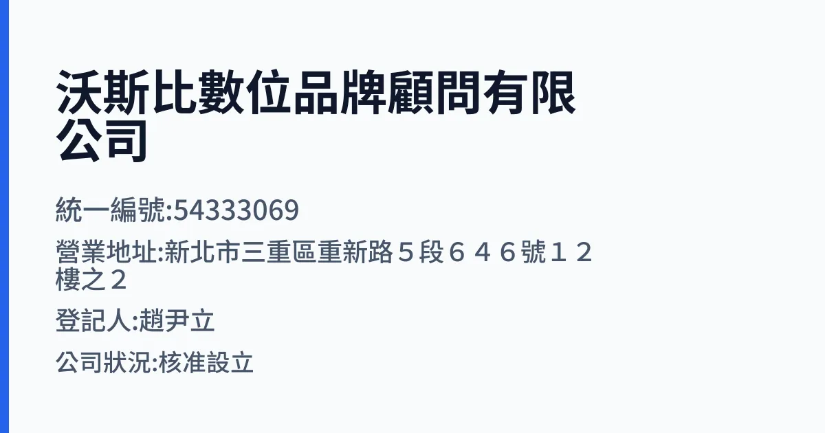 沃斯比數位品牌顧問有限公司 - 統編 54333069(新北市) 公司登記資料與營業項目詳細圖表