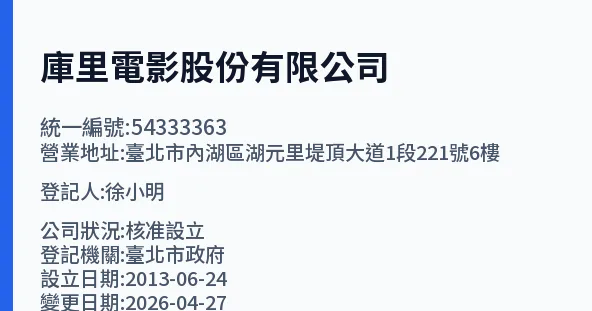 庫里電影股份有限公司的照片-統編 54333363(臺北市) 公司登記資料與營業項目詳細圖表