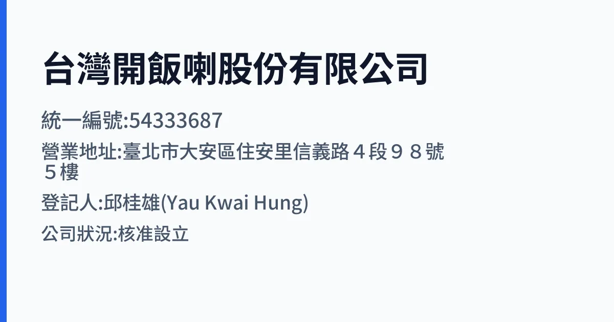 台灣開飯喇股份有限公司 - 統編 54333687(臺北市) 公司登記資料與營業項目詳細圖表