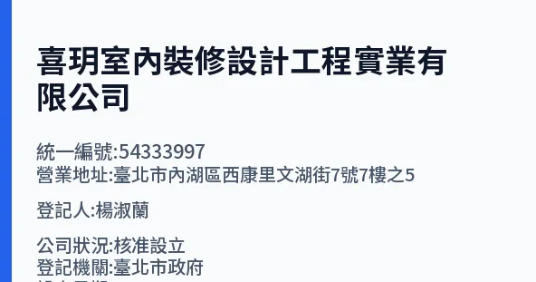 喜玥室內裝修設計工程實業有限公司的照片-統編 54333997(臺北市) 公司登記資料與營業項目詳細圖表