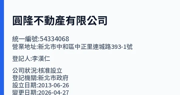 圓隆不動產有限公司的照片-統編 54334068(新北市) 公司登記資料與營業項目詳細圖表