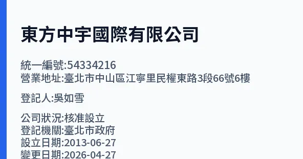 東方中宇國際有限公司的照片-統編 54334216(臺北市) 公司登記資料與營業項目詳細圖表