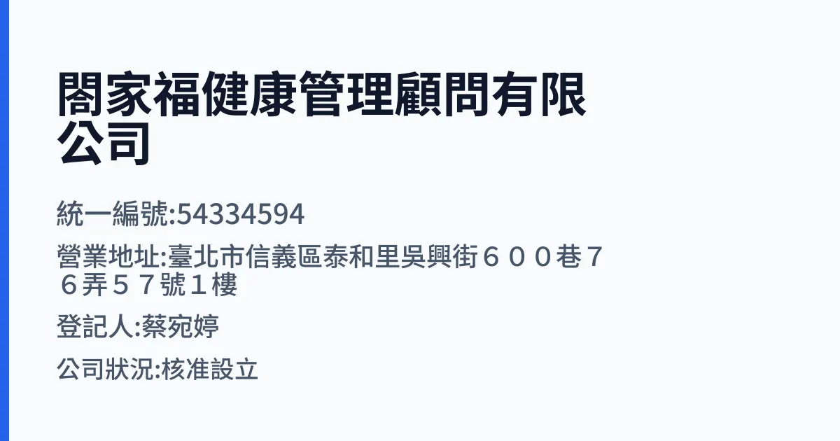 閤家福健康管理顧問有限公司 - 統編 54334594(臺北市) 公司登記資料與營業項目詳細圖表