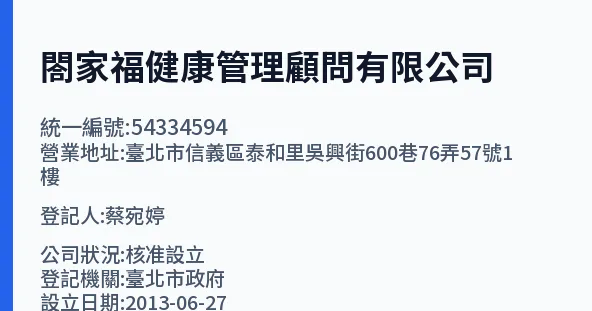 閤家福健康管理顧問有限公司的照片-統編 54334594(臺北市) 公司登記資料與營業項目詳細圖表
