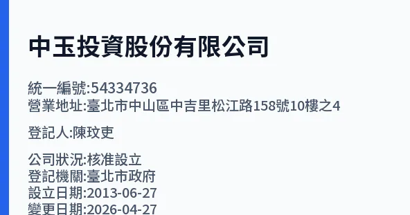 中玉投資股份有限公司的照片-統編 54334736(臺北市) 公司登記資料與營業項目詳細圖表