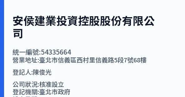 安侯建業投資控股股份有限公司的照片-統編 54335664(臺北市) 公司登記資料與營業項目詳細圖表