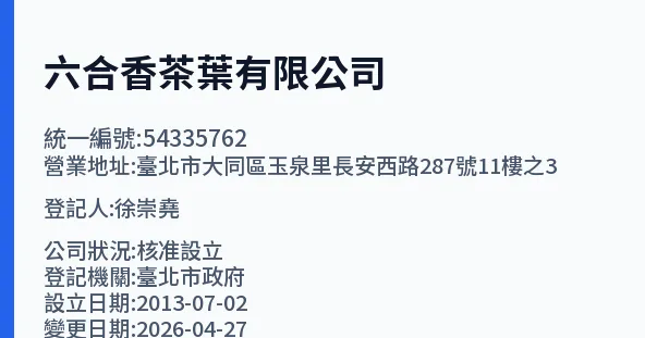 六合香茶葉有限公司的照片-統編 54335762(臺北市) 公司登記資料與營業項目詳細圖表