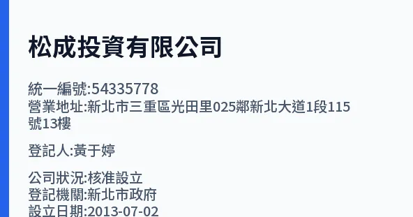 松成投資有限公司的照片-統編 54335778(新北市) 公司登記資料與營業項目詳細圖表