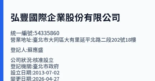 弘豐國際企業股份有限公司的照片-統編 54335860(臺北市) 公司登記資料與營業項目詳細圖表
