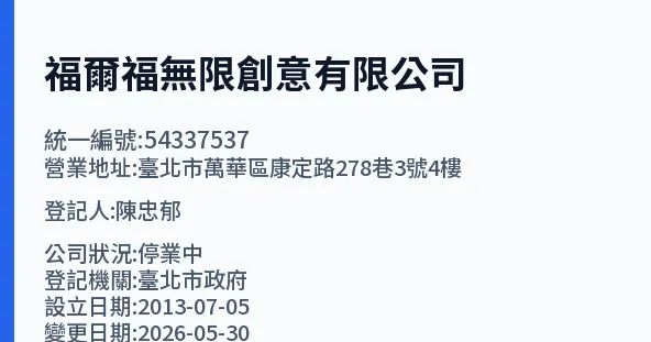 福爾福無限創意有限公司的照片-統編 54337537(臺北市) 公司登記資料與營業項目詳細圖表