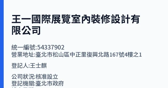 王一國際展覽室內裝修設計有限公司的照片-統編 54337902(臺北市) 公司登記資料與營業項目詳細圖表