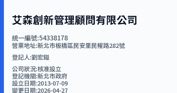 艾森創新管理顧問有限公司的照片-統編 54338178(新北市) 公司登記資料與營業項目詳細圖表