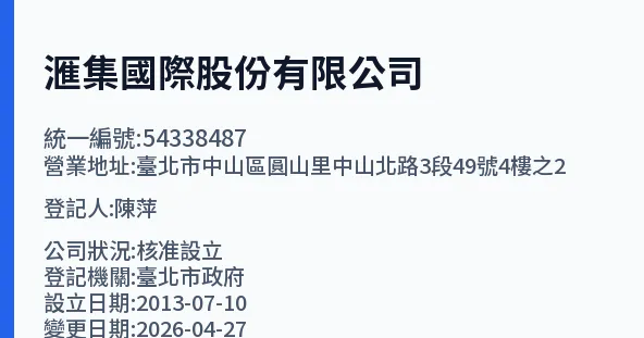 滙集國際股份有限公司的照片-統編 54338487(臺北市) 公司登記資料與營業項目詳細圖表
