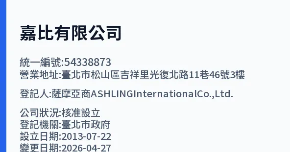嘉比有限公司的照片-統編 54338873(臺北市) 公司登記資料與營業項目詳細圖表