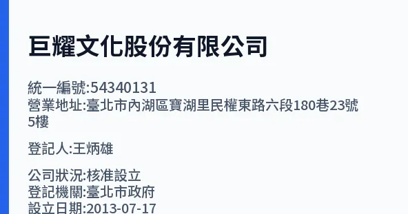 巨耀文化股份有限公司的照片-統編 54340131(臺北市) 公司登記資料與營業項目詳細圖表