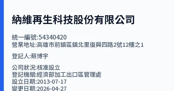 納維再生科技股份有限公司的照片-統編 54340420(高雄市) 公司登記資料與營業項目詳細圖表