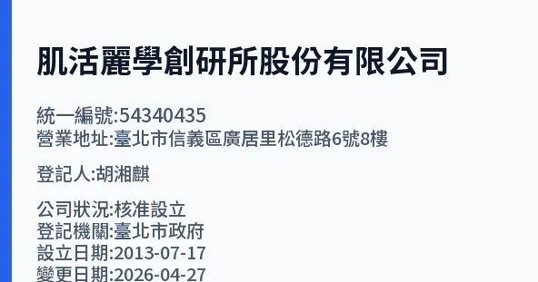 肌活麗學創研所股份有限公司的照片-統編 54340435(臺北市) 公司登記資料與營業項目詳細圖表