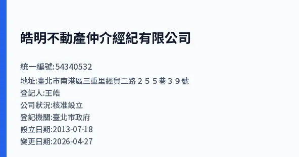皓明不動產仲介經紀有限公司的照片-統編 54340532(臺北市) 公司登記資料與營業項目詳細圖表