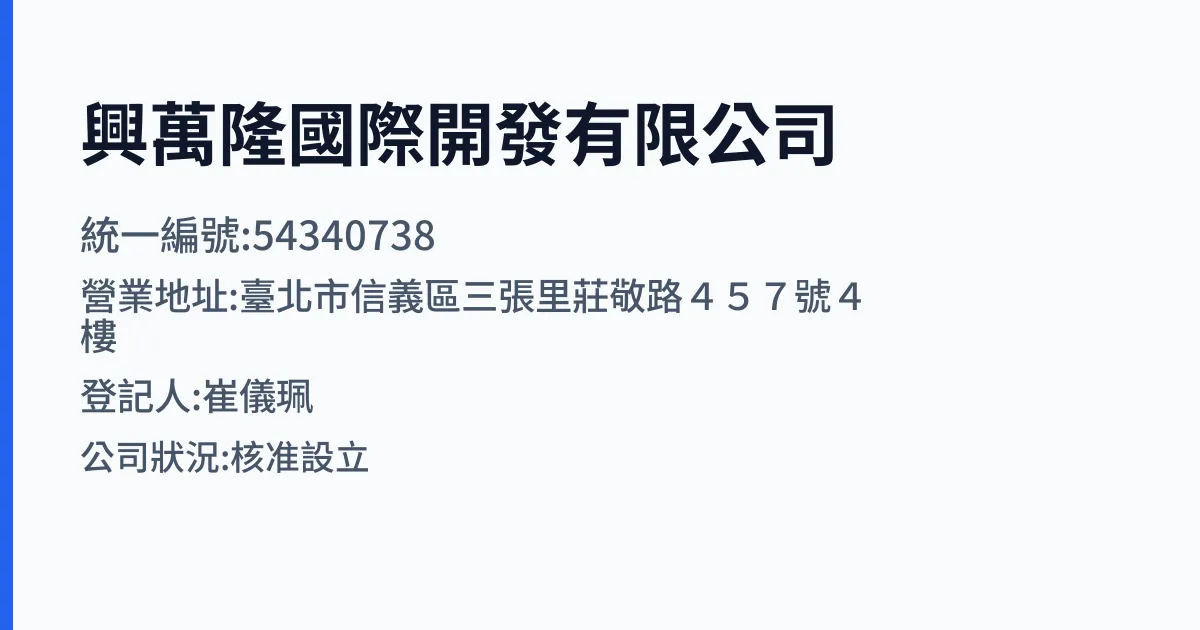 興萬隆國際開發有限公司 - 統編 54340738(臺北市) 公司登記資料與營業項目詳細圖表