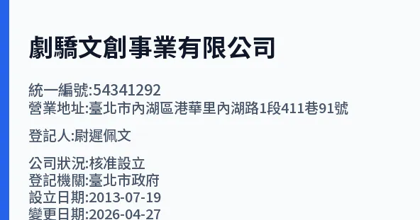 劇驕文創事業有限公司的照片-統編 54341292(臺北市) 公司登記資料與營業項目詳細圖表