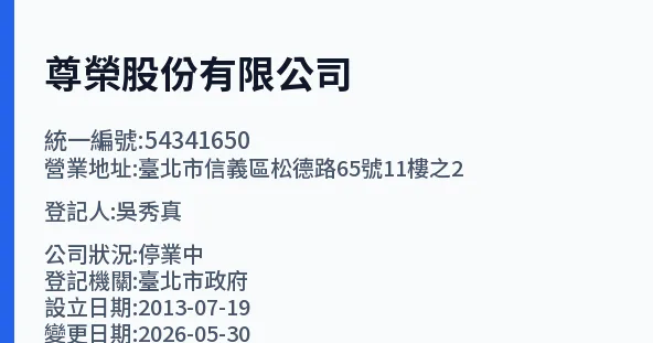 尊榮股份有限公司的照片-統編 54341650(臺北市) 公司登記資料與營業項目詳細圖表