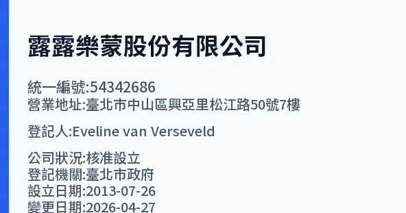 露露樂蒙股份有限公司的照片-統編 54342686(臺北市) 公司登記資料與營業項目詳細圖表