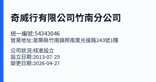 奇威行有限公司竹南分公司的照片-統編 54343046(苗栗縣) 公司登記資料與營業項目詳細圖表