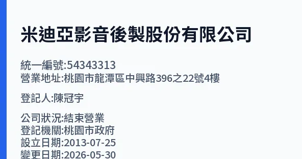 米迪亞影音後製股份有限公司的照片-統編 54343313(桃園市) 公司登記資料與營業項目詳細圖表