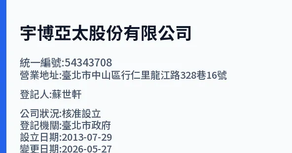宇博亞太股份有限公司的照片-統編 54343708(臺北市) 公司登記資料與營業項目詳細圖表