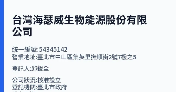 台灣海瑟威生物能源股份有限公司的照片-統編 54345142(臺北市) 公司登記資料與營業項目詳細圖表