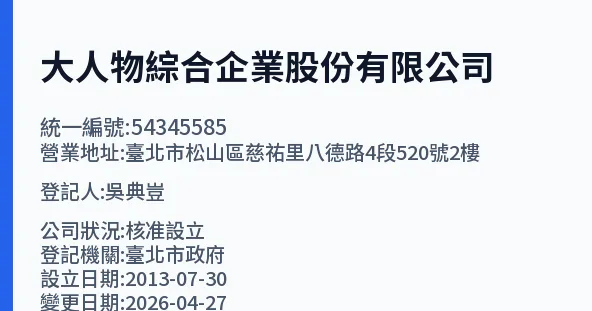 大人物綜合企業股份有限公司的照片-統編 54345585(臺北市) 公司登記資料與營業項目詳細圖表